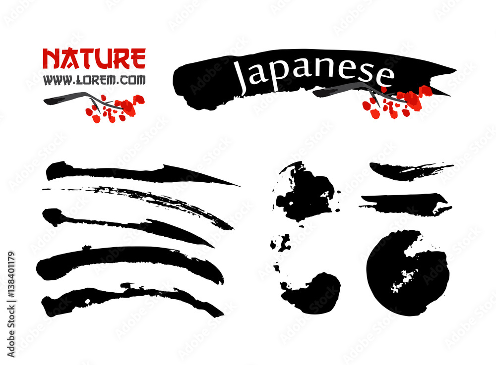 Logo templates set with asia landscapes, buildings and blossoming ...