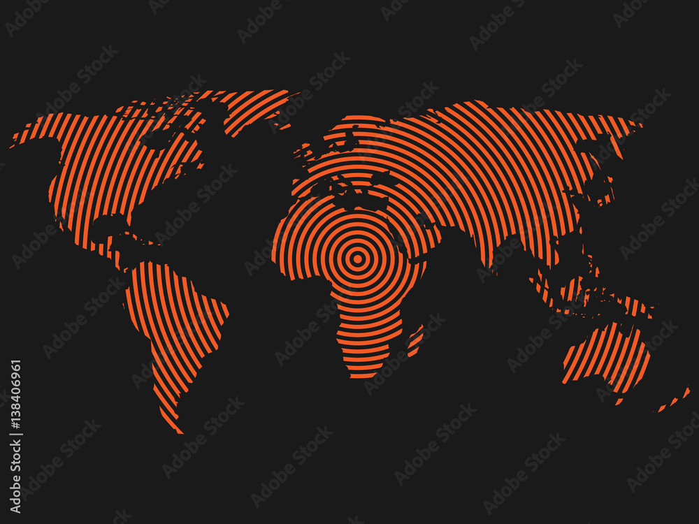 World map of orange concentric rings on dark grey background. Worldwide ...