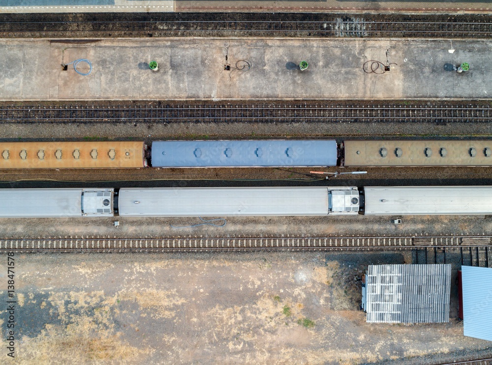 Aerial view of goods train and railway track - Diesel Engine train. Top ...