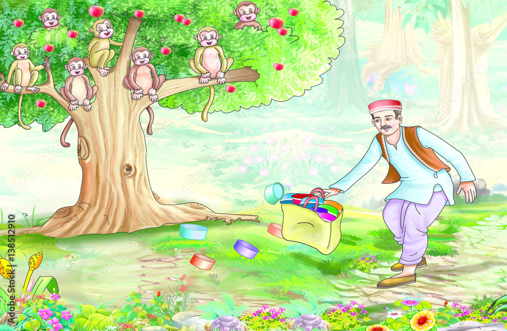 Cap seller and the monkeys Stock Illustration | Adobe Stock