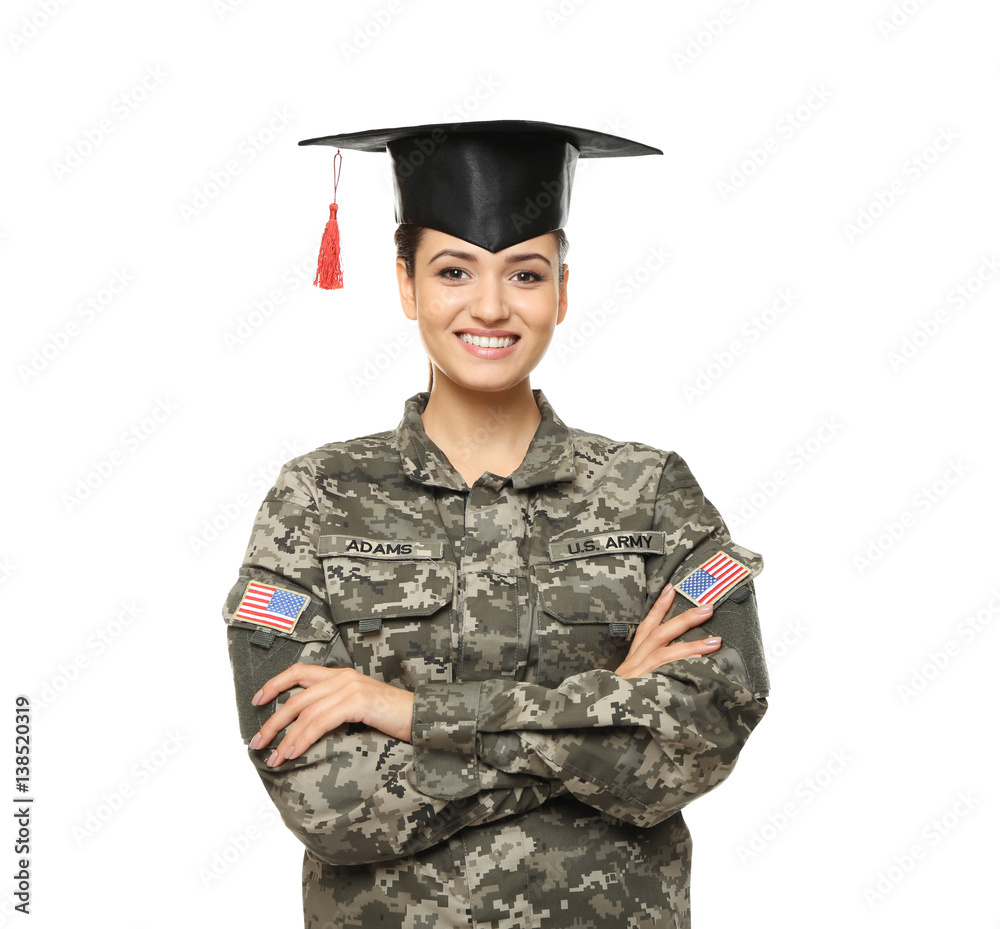 Pretty female soldier wearing graduation cap, on white background Stock ...