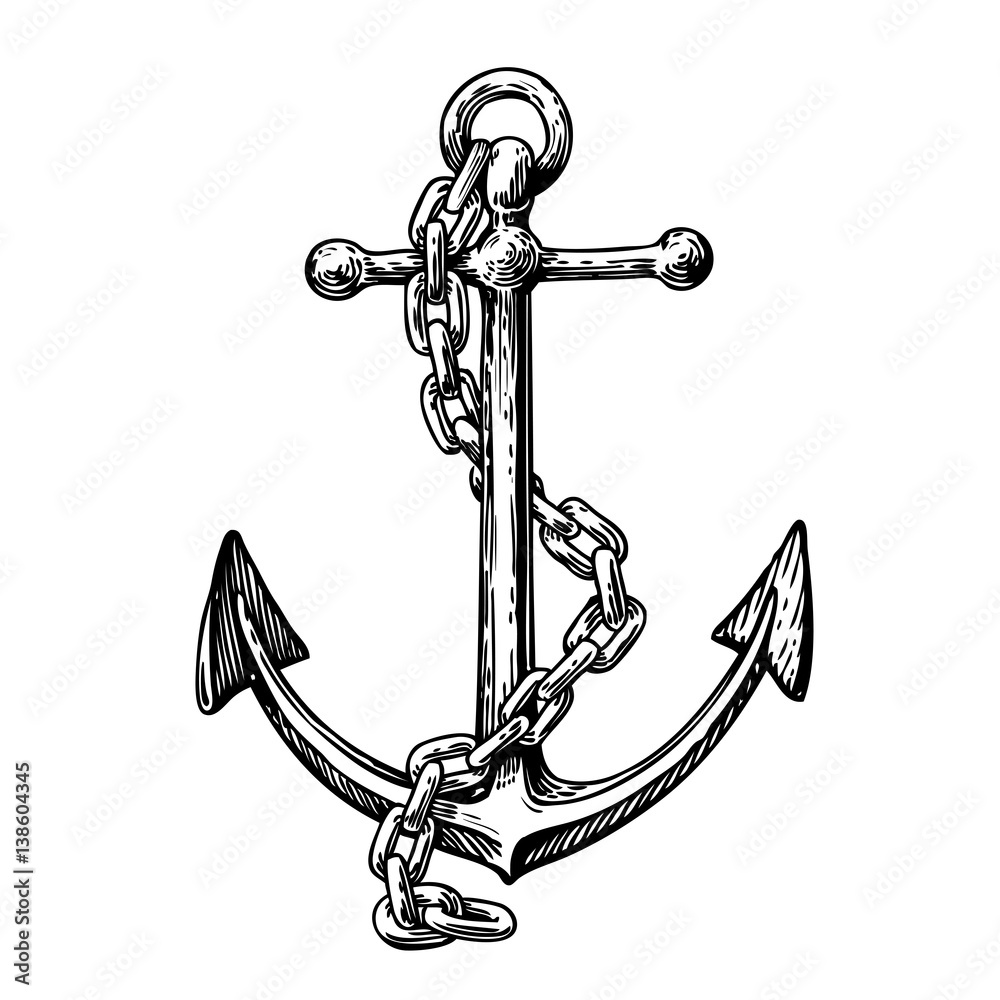 Vintage anchor with chain. Hand drawn sketch vector illustration Stock ...