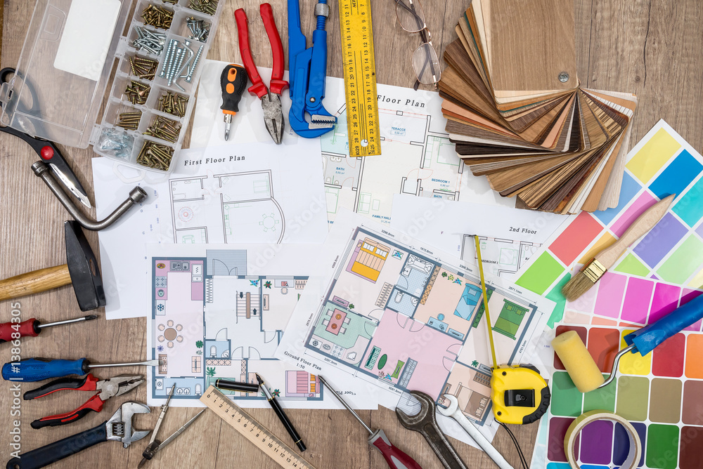 design concept with material laminate sample and house plan blueprints ...