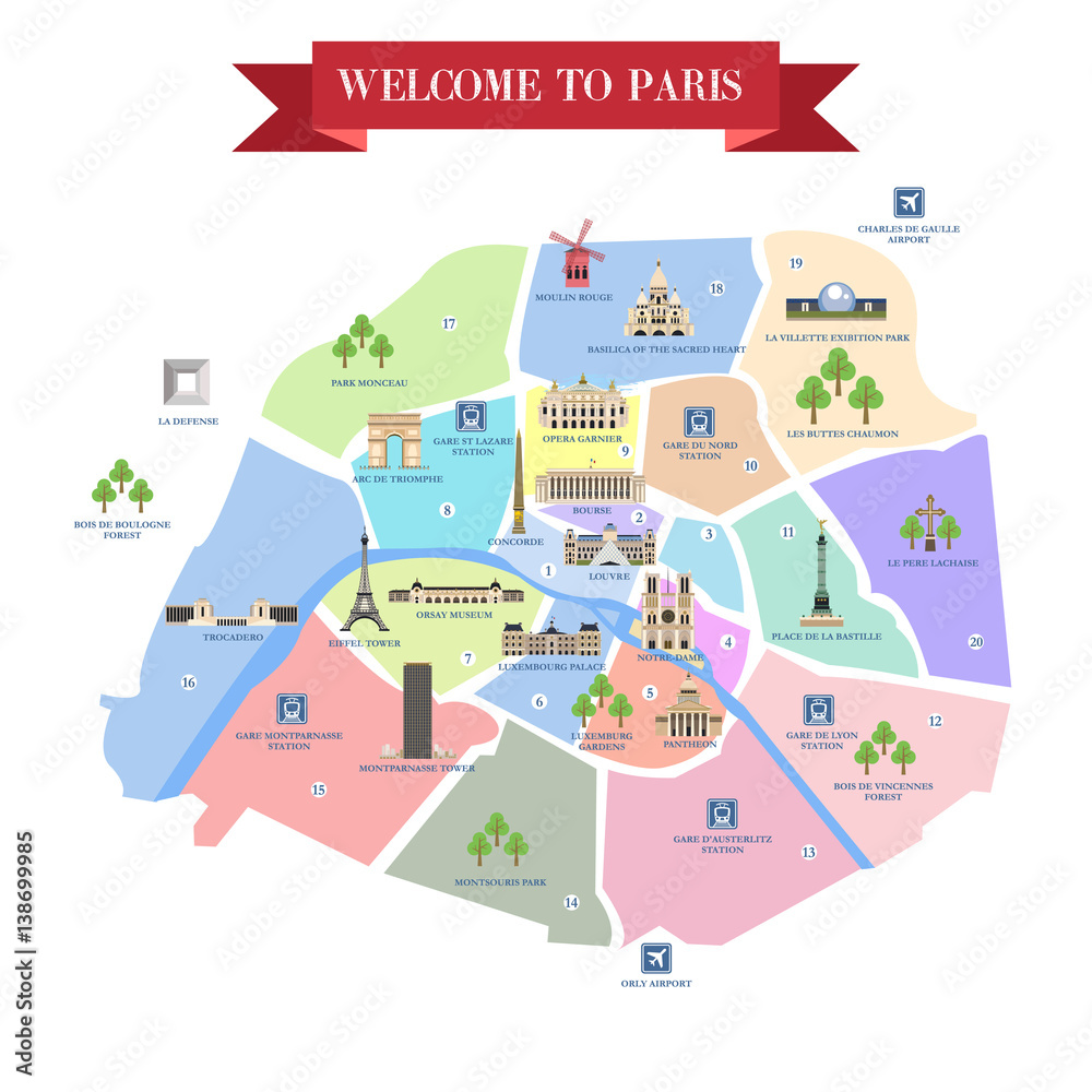 Detailed map of Paris attractions. Stock Vector | Adobe Stock
