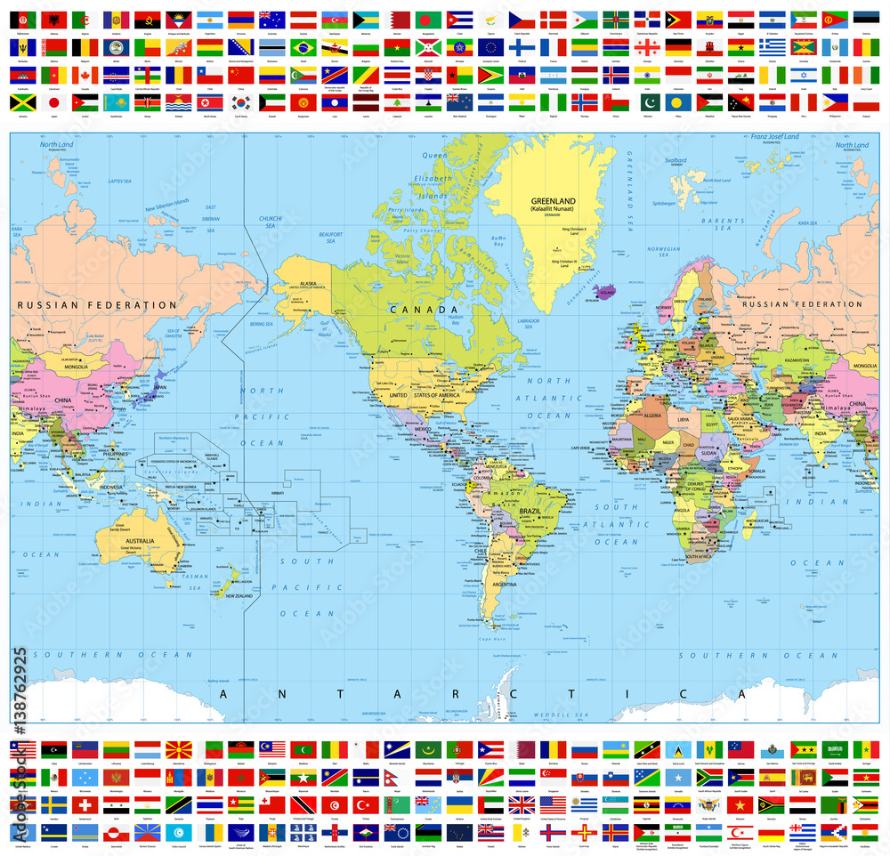 Centered America Political World Map and All World Flags Stock Vector ...