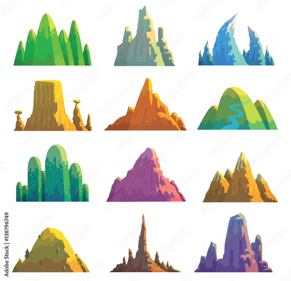 Vector set of twelve cartoon images of various mountains of different ...