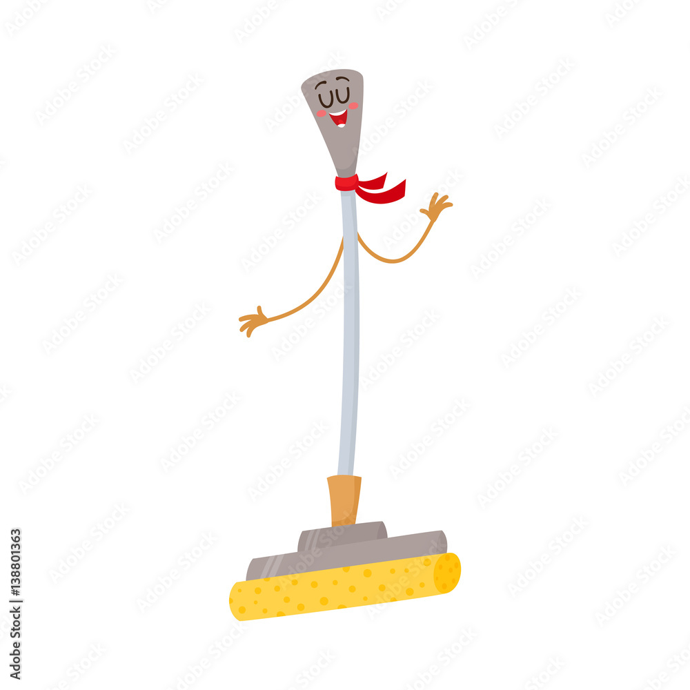 Funny sponge mop character with smiling human face, cartoon vector ...