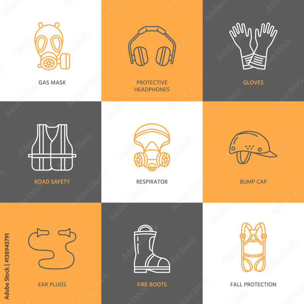 Personal protective equipment line icons. Gas mask, headphones ...