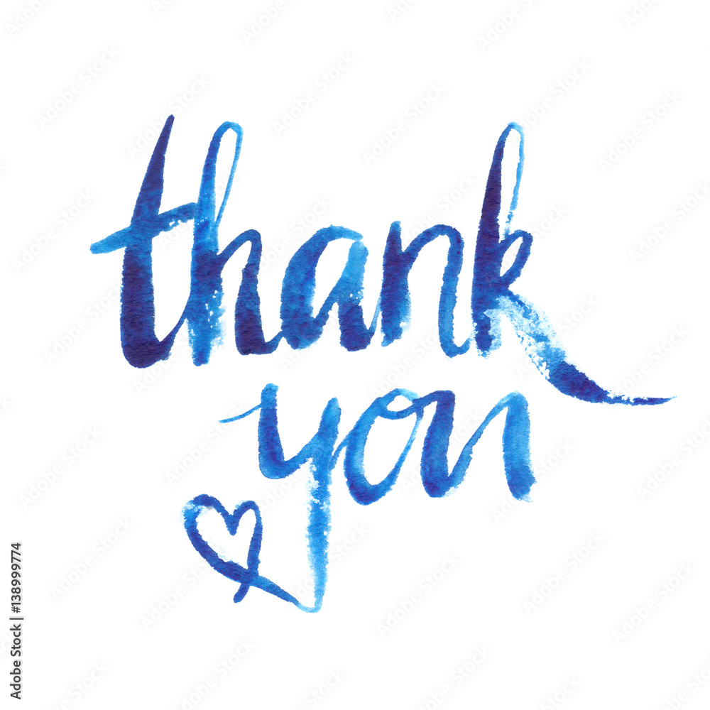 Words "thank you" and small heart hand written in blue watercolor on ...