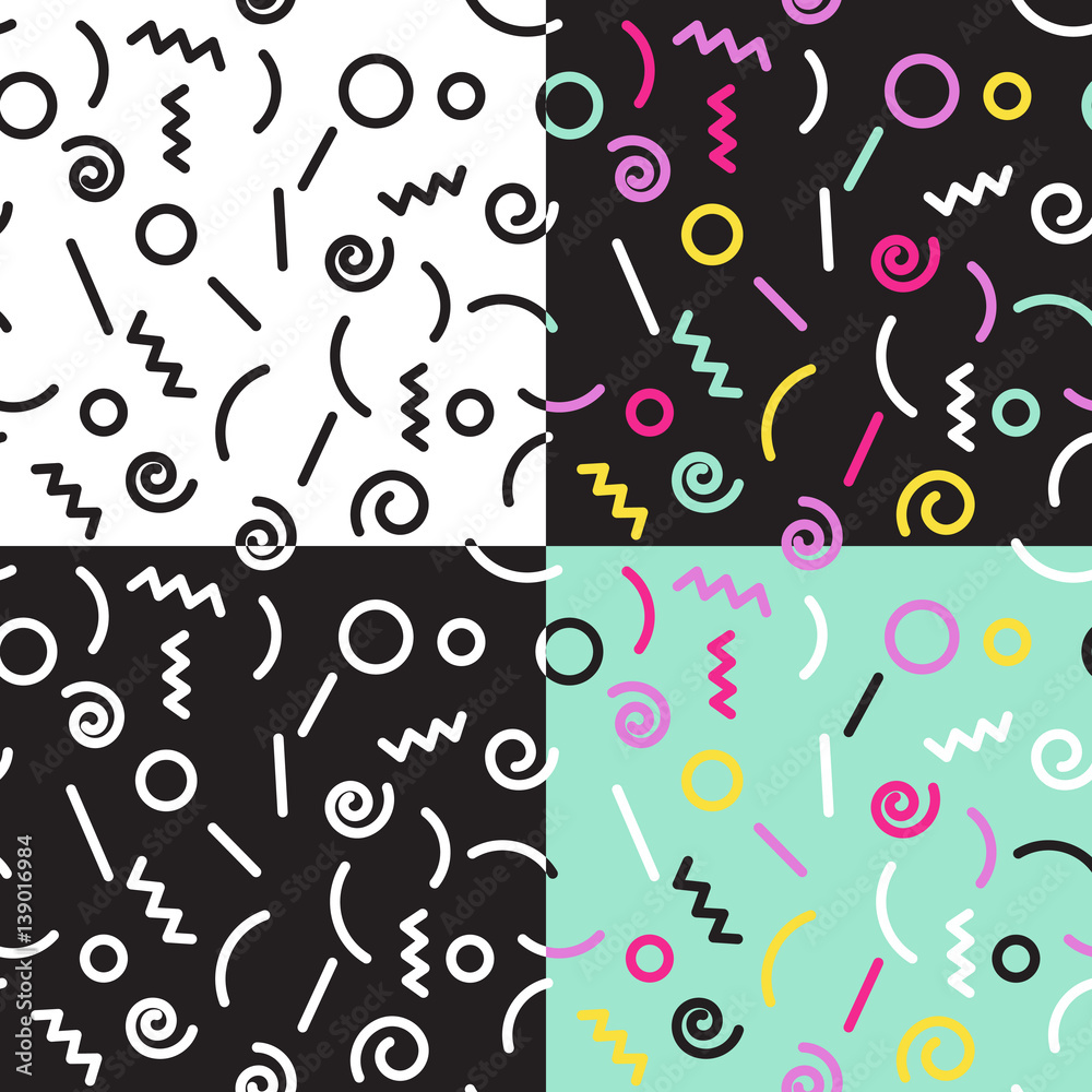 Memphis Style Random Swirls and Zigzags Seamless Patterns in Black and ...
