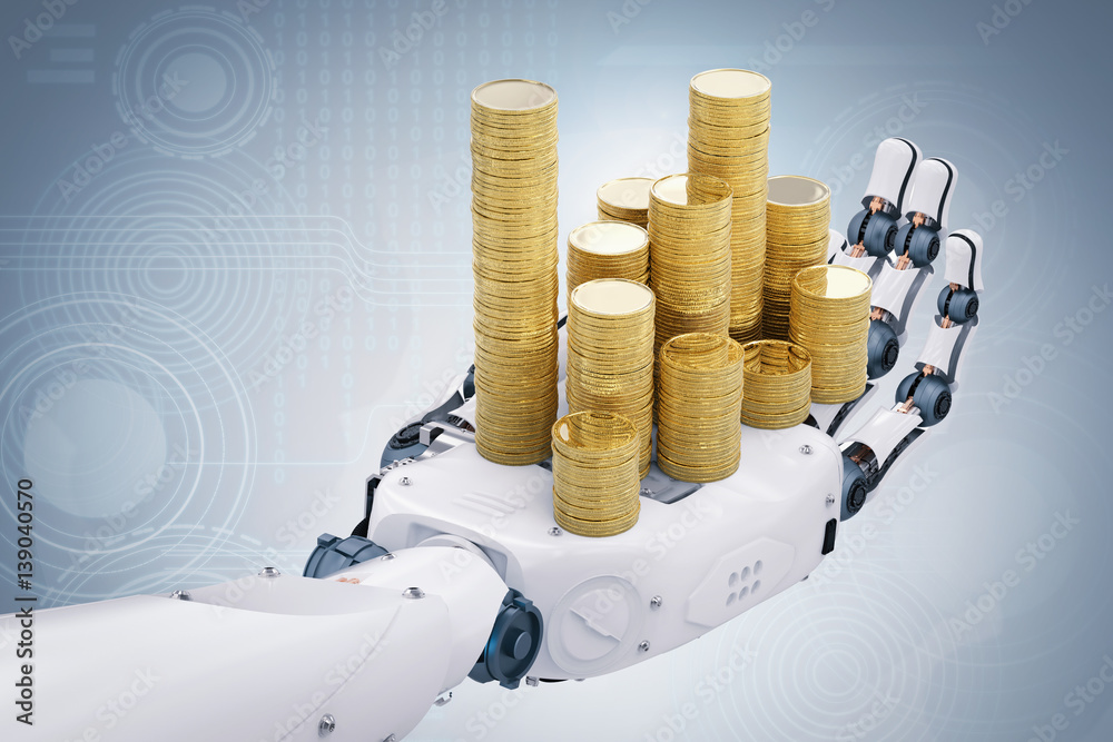 robotic hand holding gold coins Stock Photo | Adobe Stock
