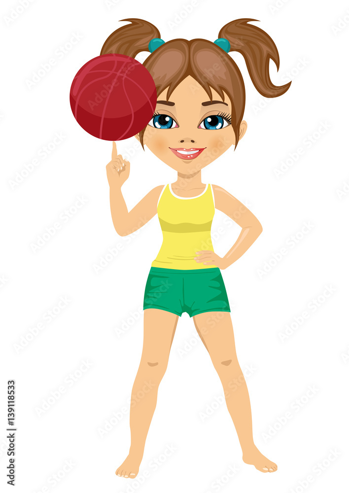 full length portrait of little girl spinning basketball ball with her ...