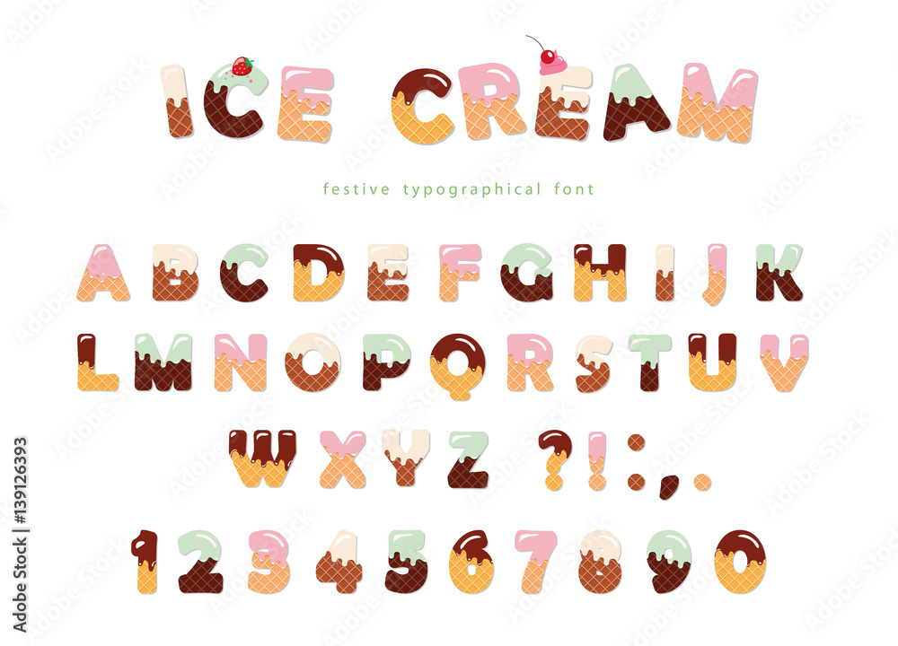 Ice cream font. Cute wafer letters and numbers can be used for birthday ...