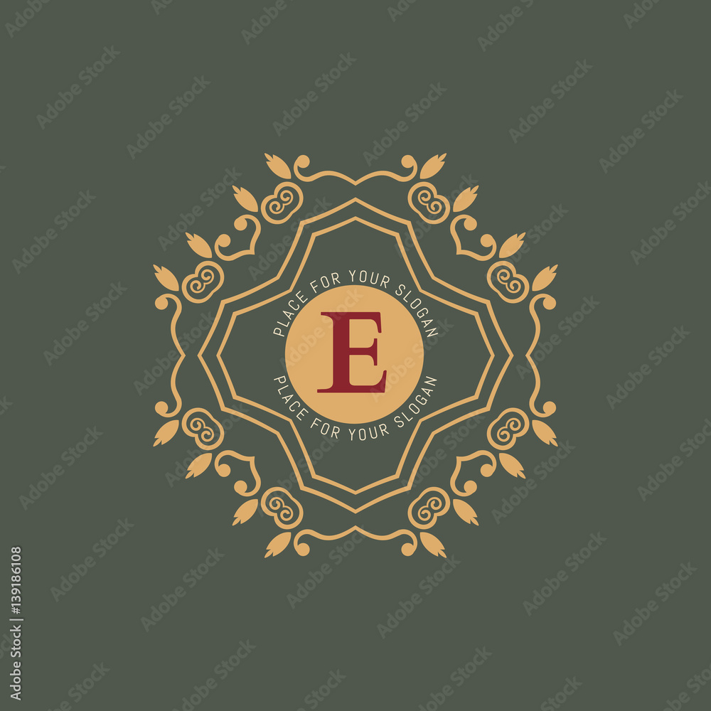 The letter E. Flourishes calligraphic monogram emblem template. Luxury ...