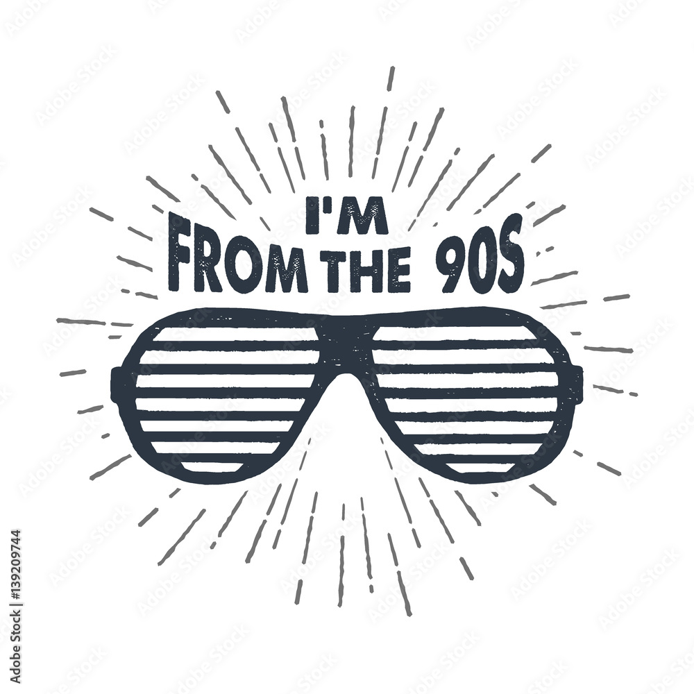Hand drawn 90s themed badge with striped sunglasses textured vector ...