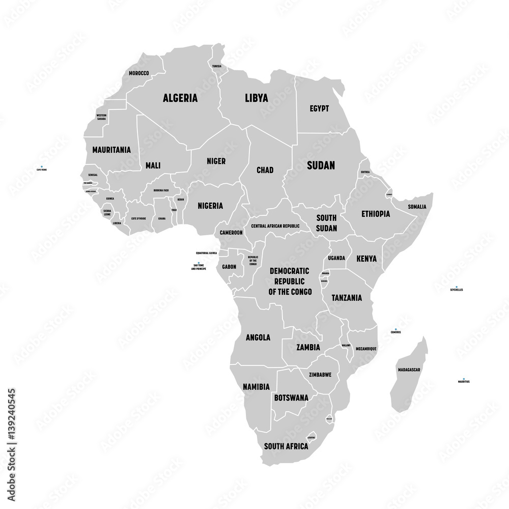 Simple flat grey map of Africa continent with national borders and ...