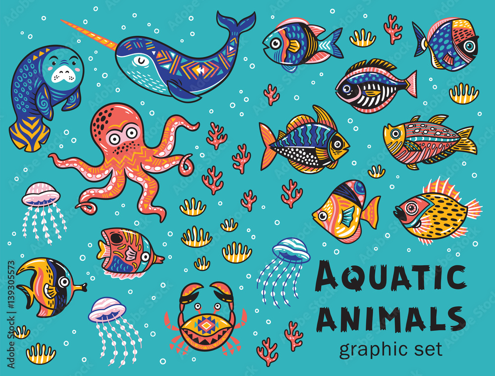 Aquatic animals vector collection Stock Vector | Adobe Stock