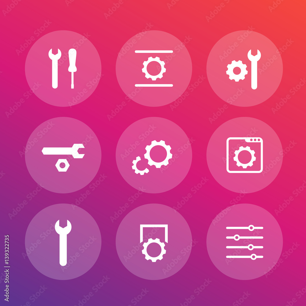 settings, configuration, development icons set, 9 vector pictograms ...