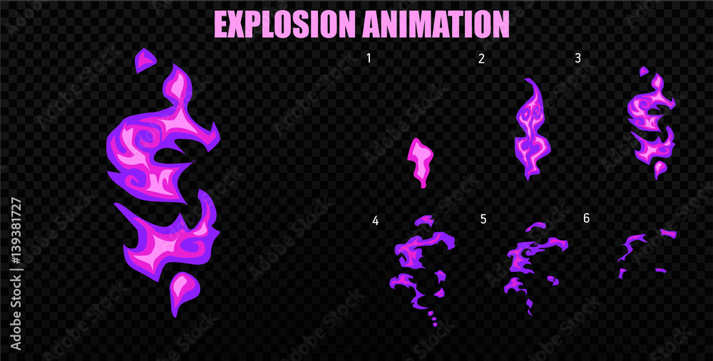 Vector explode. Explode effect animation with smoke. Cartoon explosion frames. Sprite sheet of ...