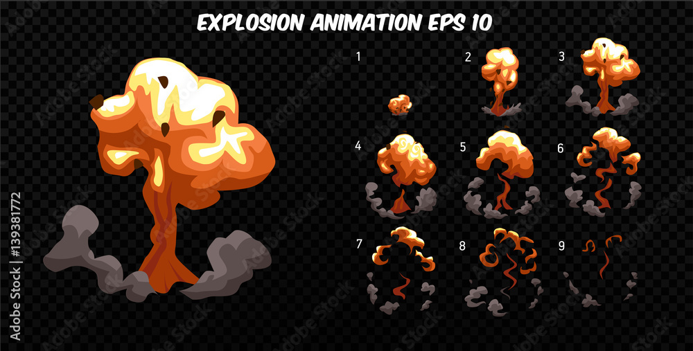 Vector explode. Explode effect animation with smoke. Cartoon explosion frames. Sprite sheet of ...