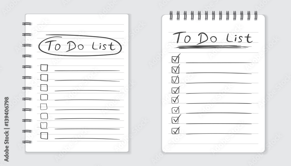 Realistic notepad with spiral. To do list icon with hand drawn text ...