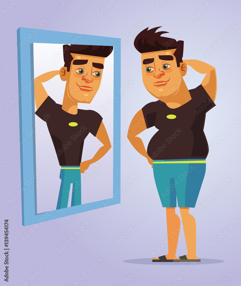 Fat man character pretend to be strong man in mirror. Vector flat ...