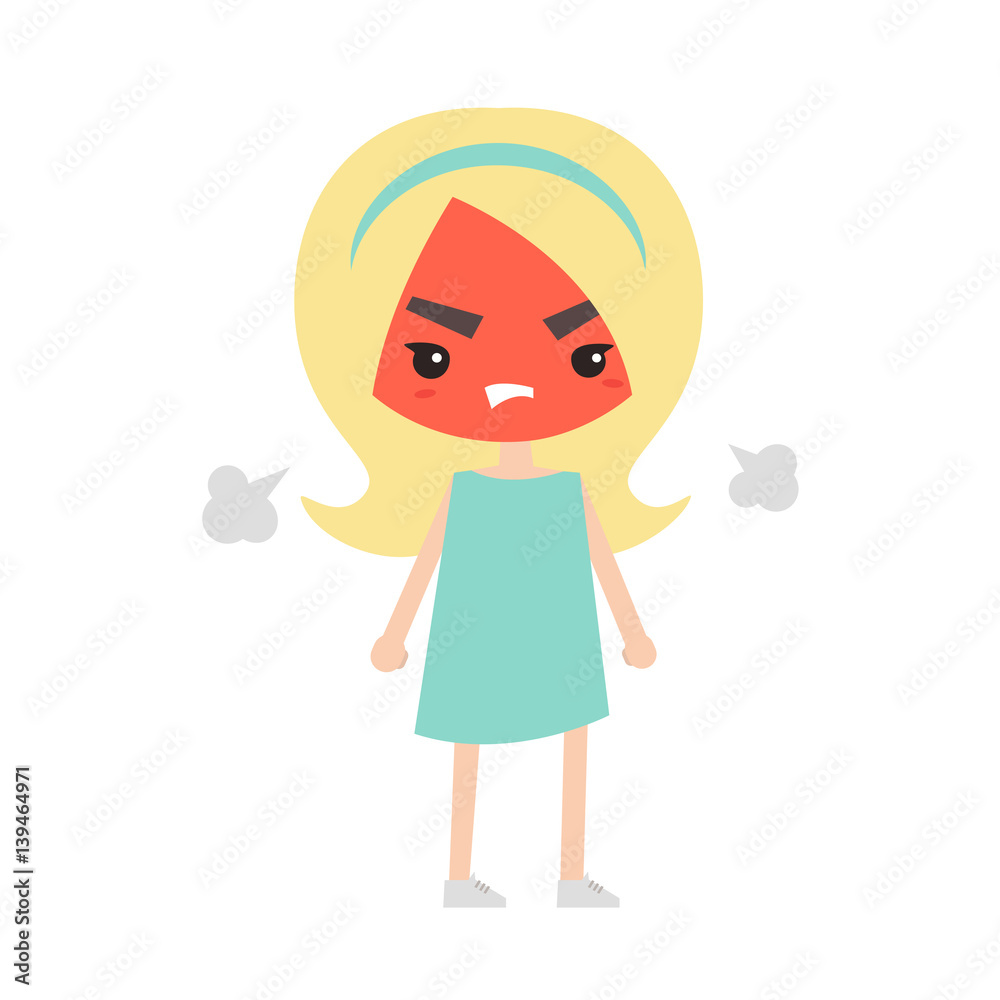 Angry blond girl with red face blows steam. Flat cartoon vector ...