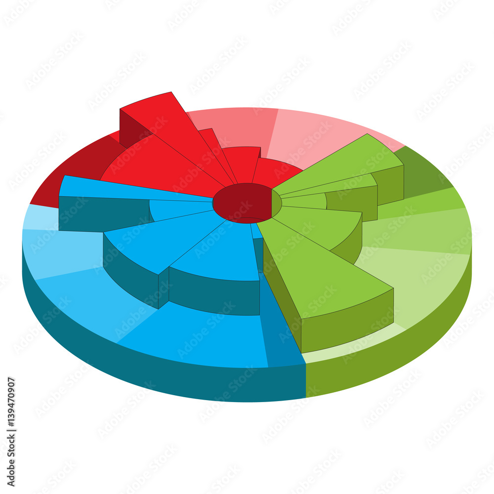 Bulk pie chart with three radial segments. Isometric diagram with color ...