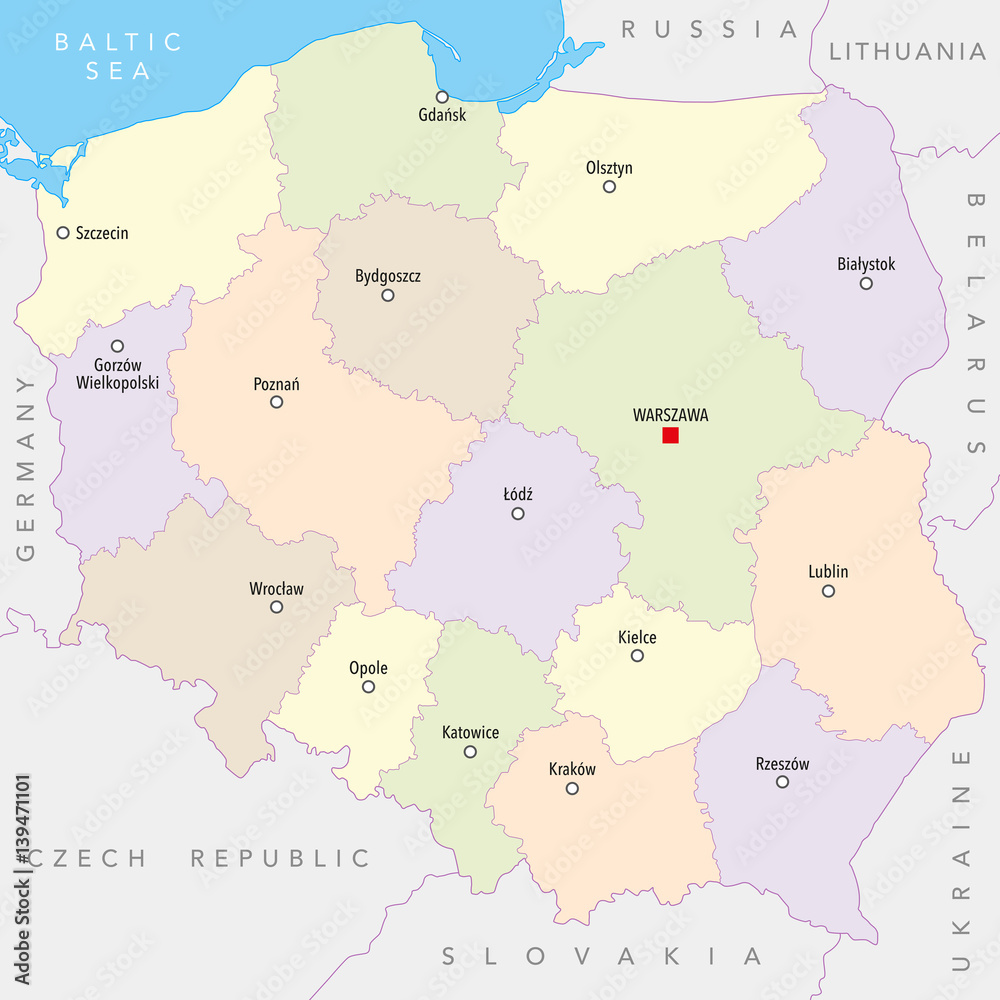 Map of Poland with cities and provinces - English names Stock ...