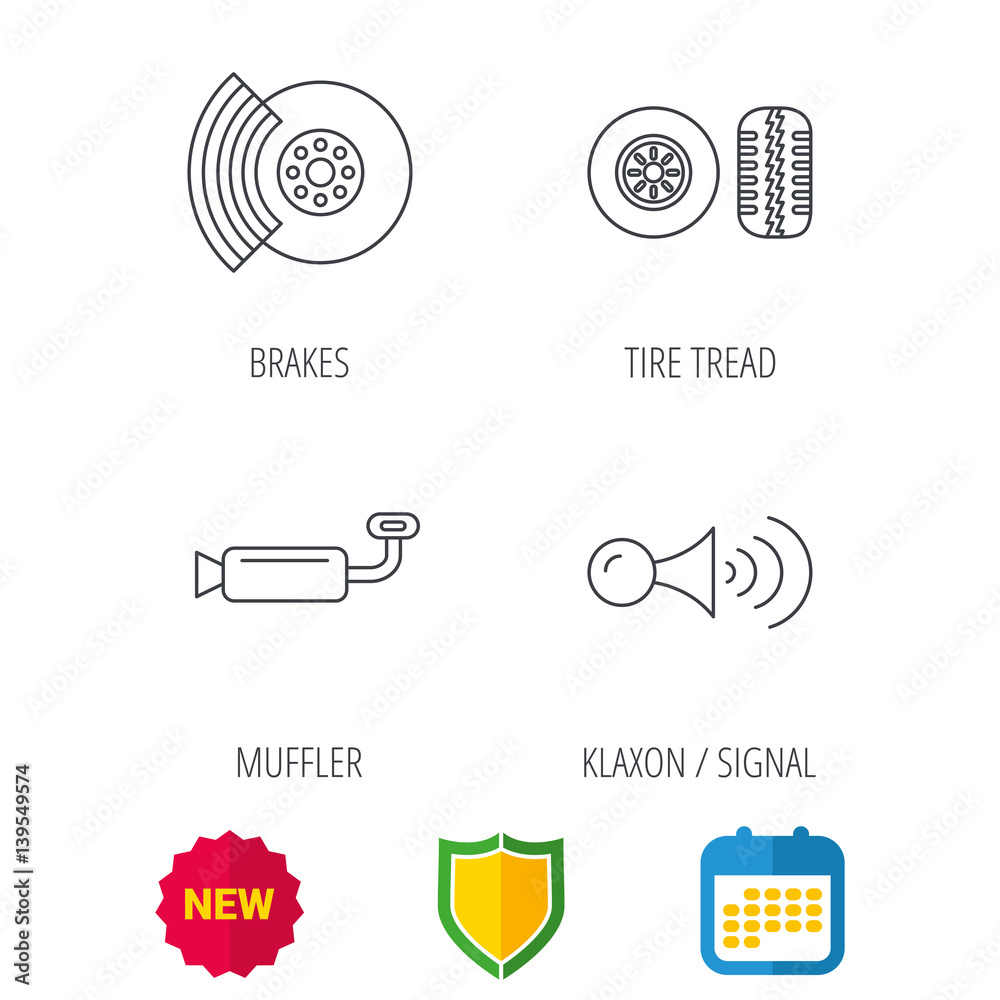 Tire tread, brakes and steering wheel icons. Muffler, klaxon signal ...