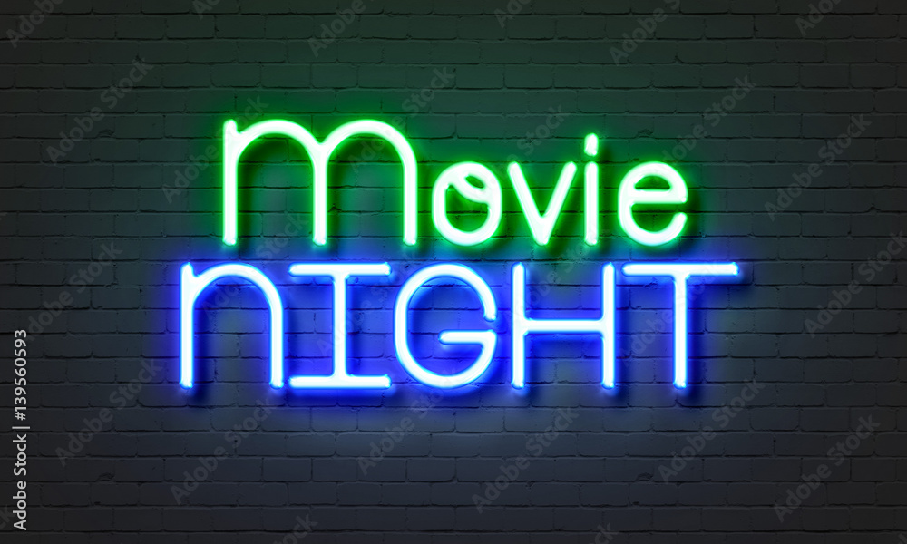 Movie night neon sign on brick wall background. Stock Illustration ...