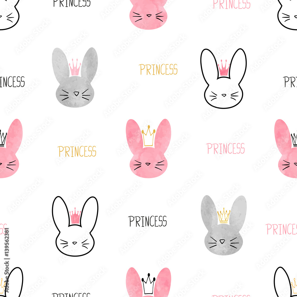Seamless princess bunny pattern. Vector background with cute rabbits ...