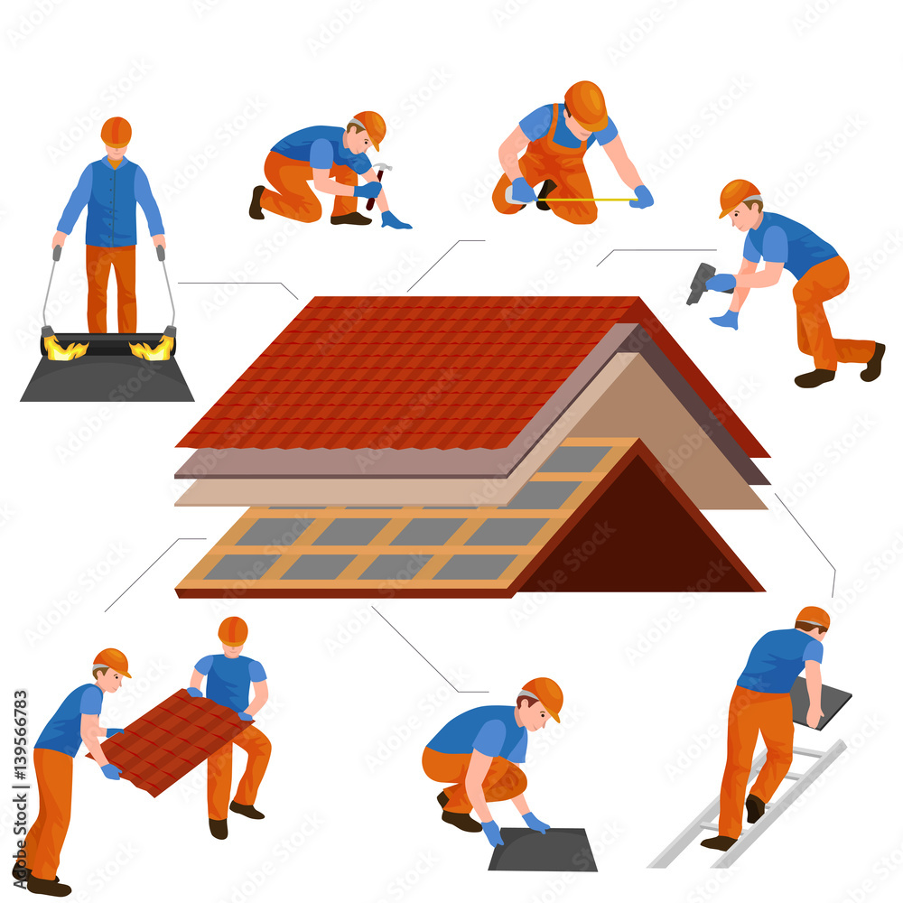roof construction worker repair home, build structure fixing rooftop ...