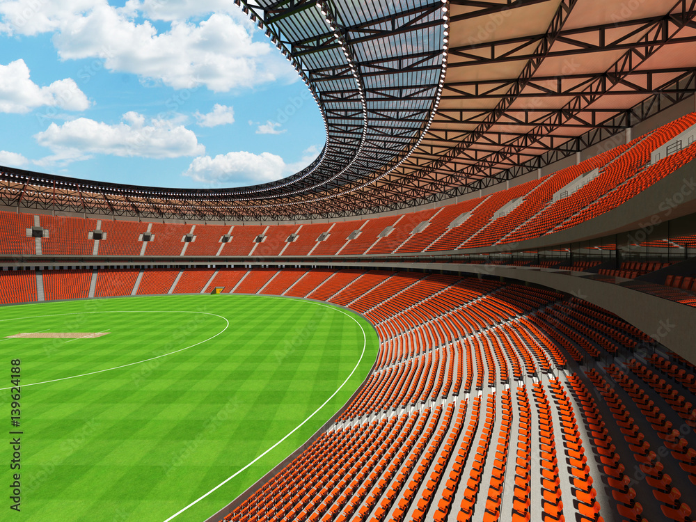 3D render of a round cricket stadium with orange seats and VIP boxes ...
