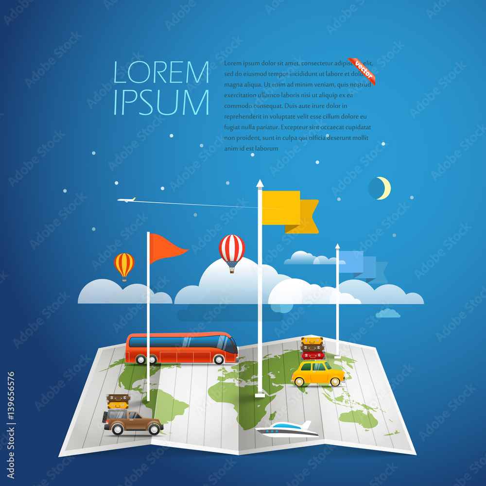 World map with different marks and transport. Ready for a text Stock ...