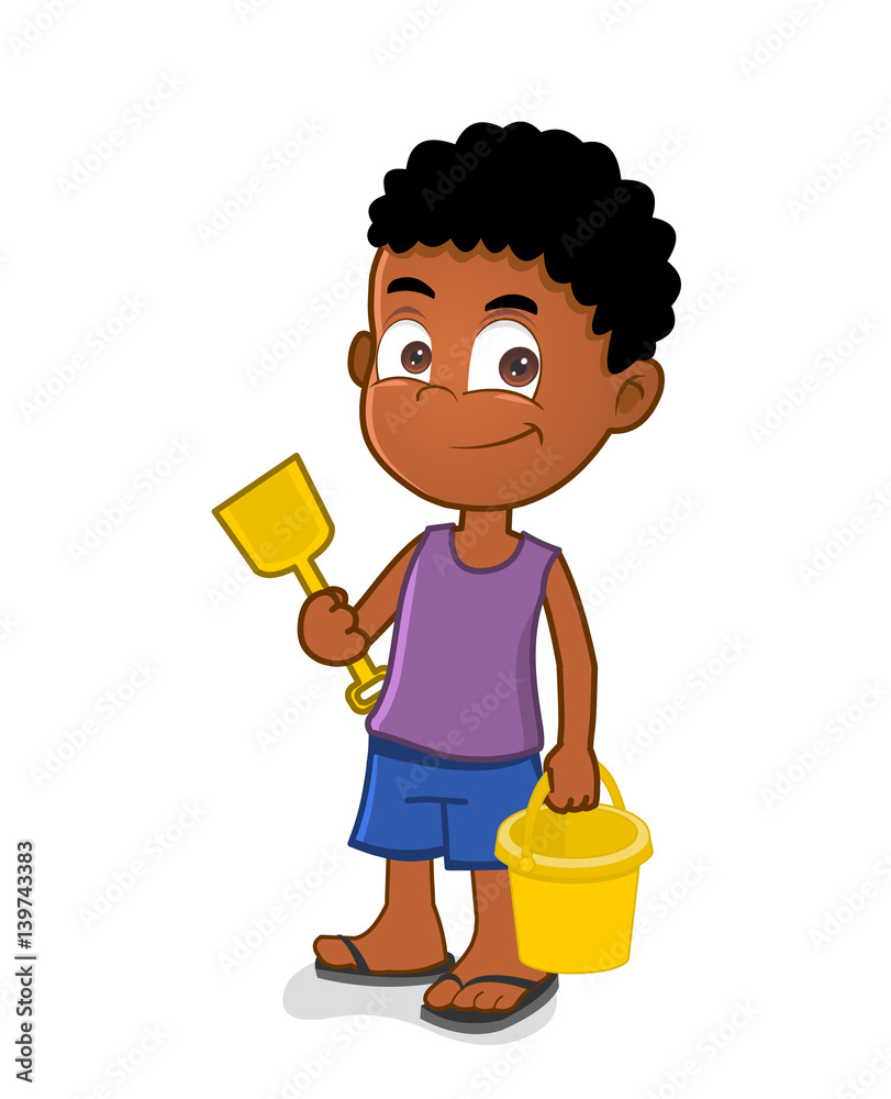 African american boy hold bucket and scoop Stock Vector | Adobe Stock