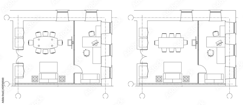 Standard office furniture symbols on floor plans Stock Vector | Adobe Stock