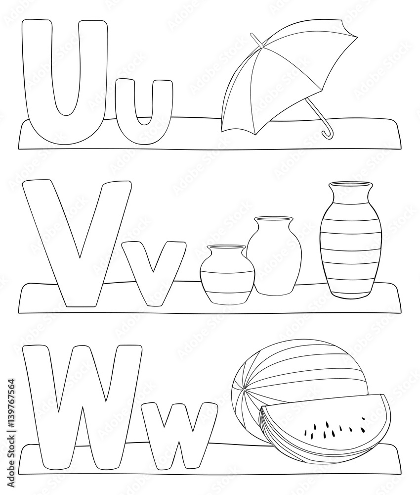 Alphabet coloring page - letters u, v, w Stock Vector | Adobe Stock