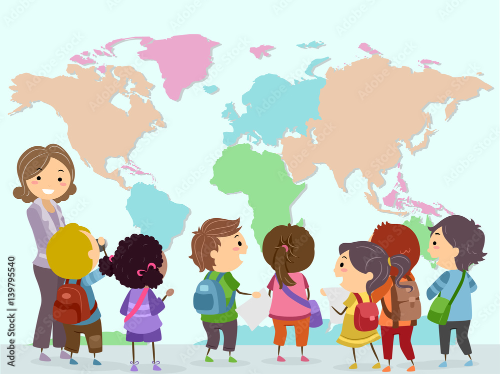 Stickman Kids Teacher World Map Stock Vector | Adobe Stock