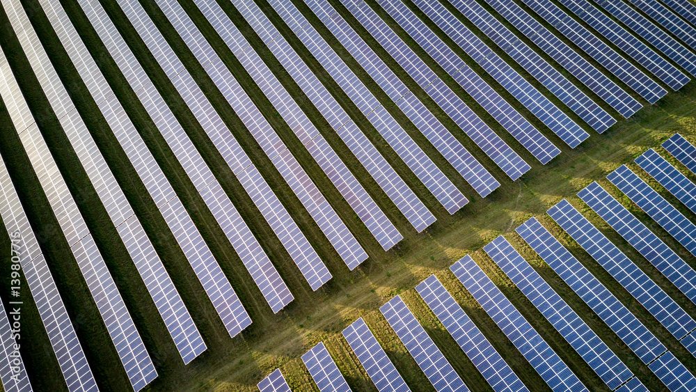 Solar energy farm. High angle, elevated view of solar panels on an ...