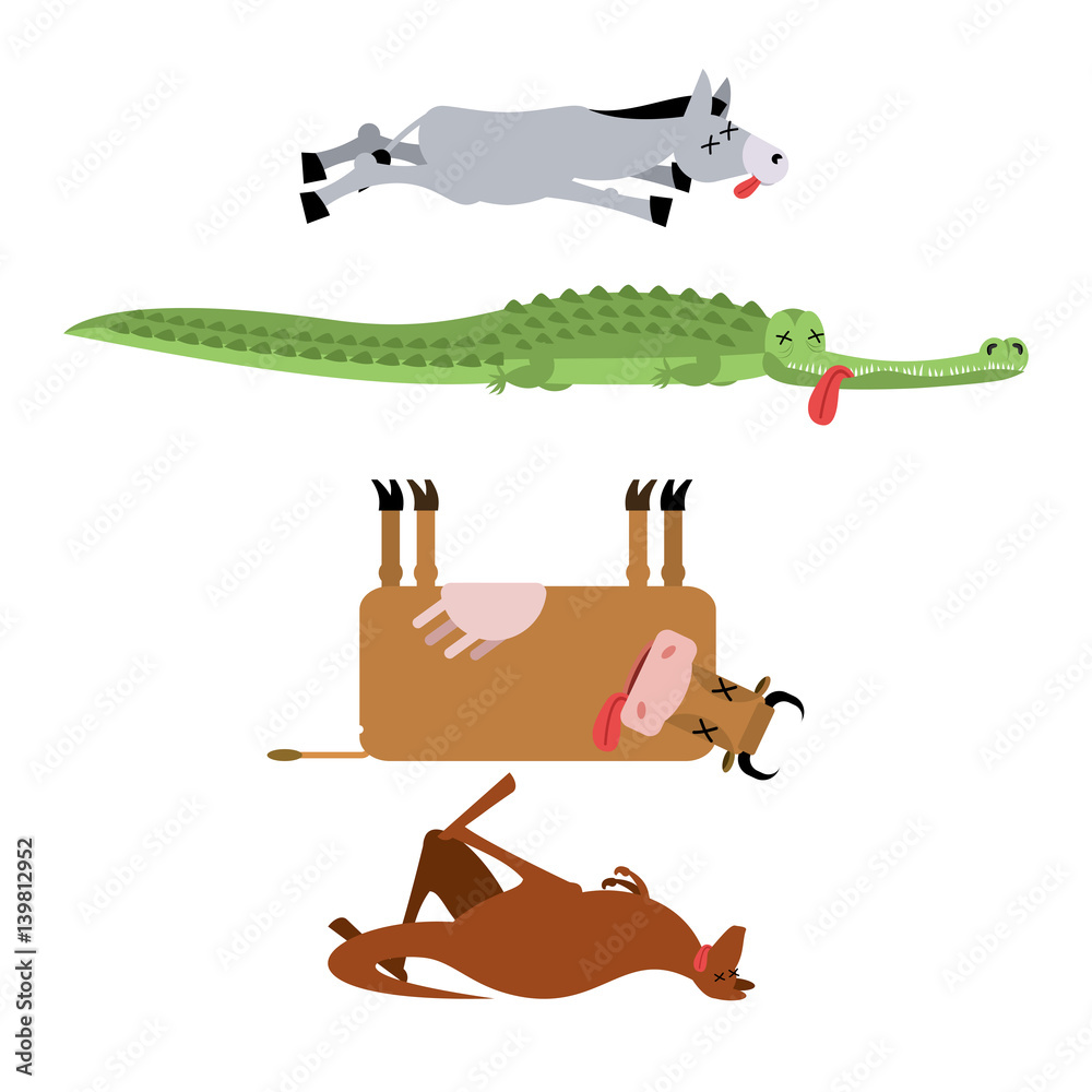Dead animals set 3. Donkey and crocodile. Cow and kangaroo. animal is ...