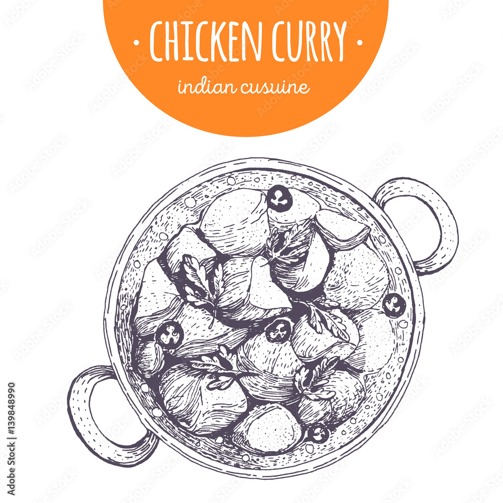 Chicken curry top view vector illustration. Indian cuisine. Linear ...
