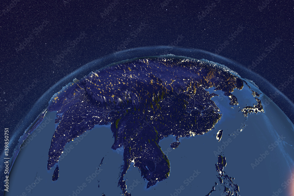 Planet Earth from space showing Asia in night with enhanced bump, 3D ...