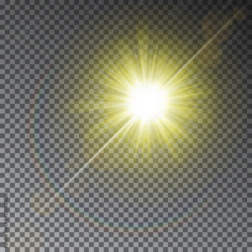 Стоковое векторное изображение «Yellow sun ray light effect with rainbow isolated on transparent ...