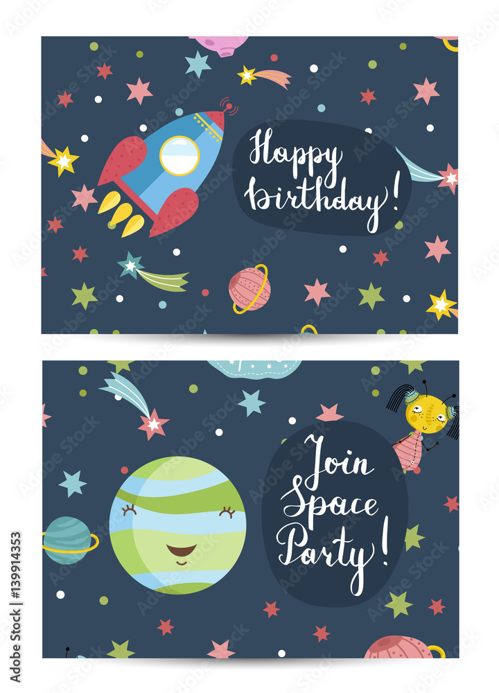 Vector de Stock Happy birthday cartoon greeting card on space theme ...
