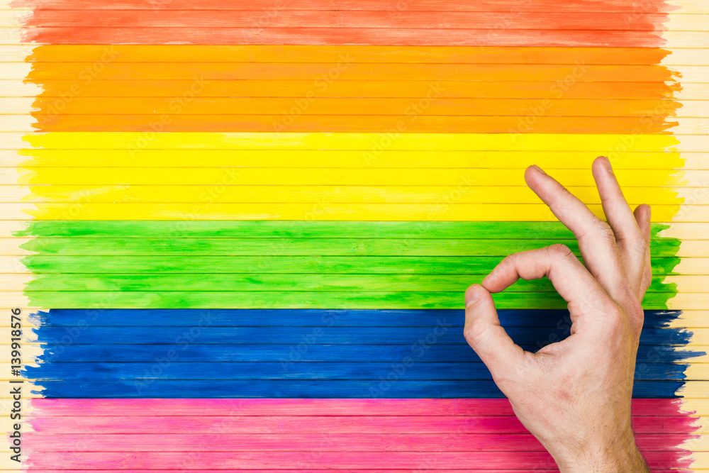People, gay parade, gesture and homosexual concept, showing symbols on ...