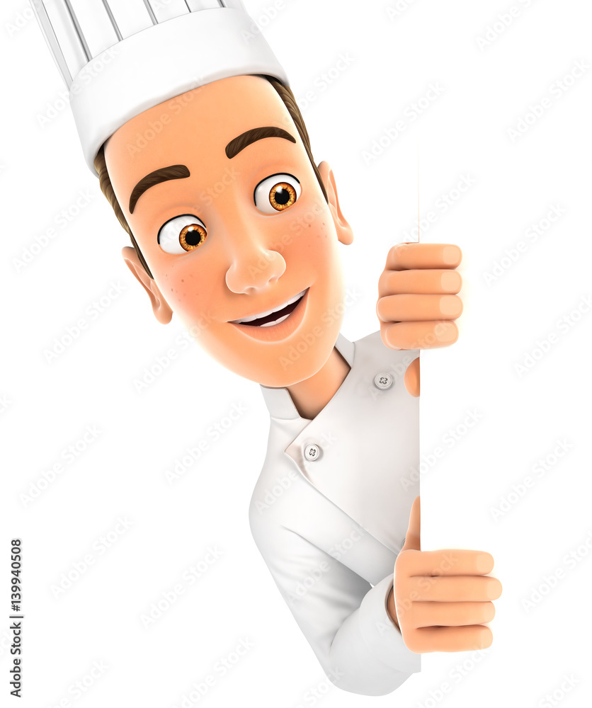3d head chef peeping over blank wall Stock Illustration | Adobe Stock