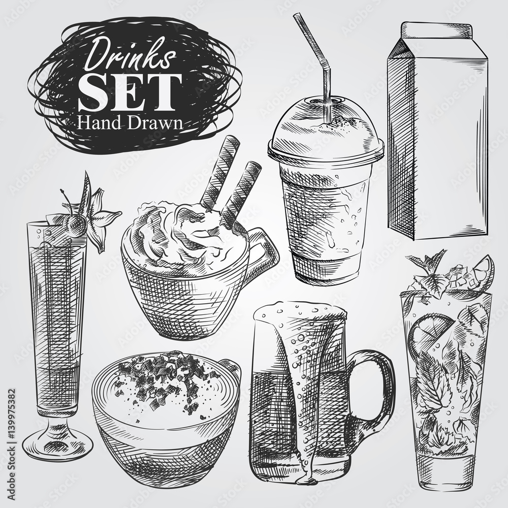 Hand drawn set of different drinks isolated on white background ...