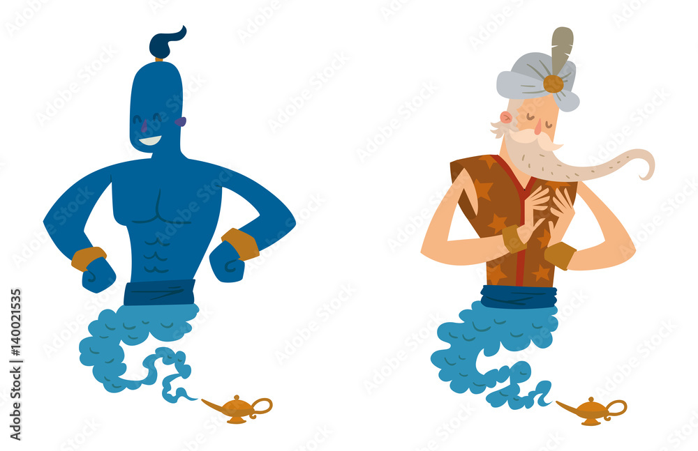 Cartoon genie character magic lamp vector illustration treasure aladdin miracle djinn coming out ...