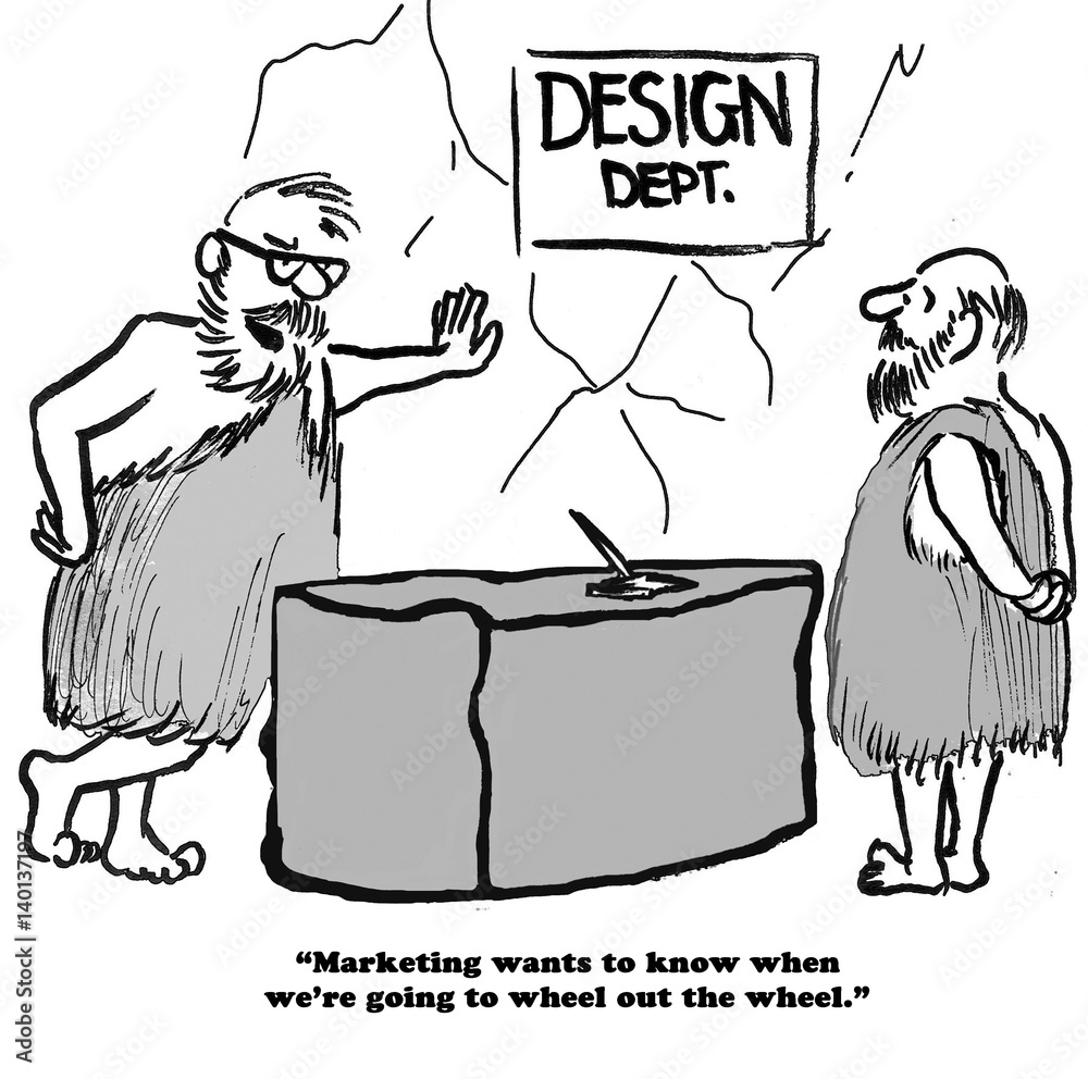 Business cartoon about R&D wheeling out the new wheel. Stock ...